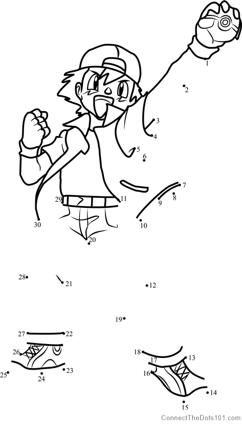 Pokemon Ash Ketchum dot to dot printable worksheet - Connect The Dots
