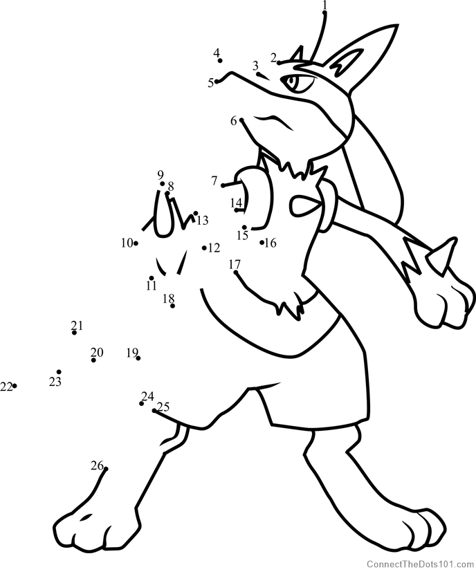 Pokemon Lucario dot to dot printable worksheet - Connect The Dots