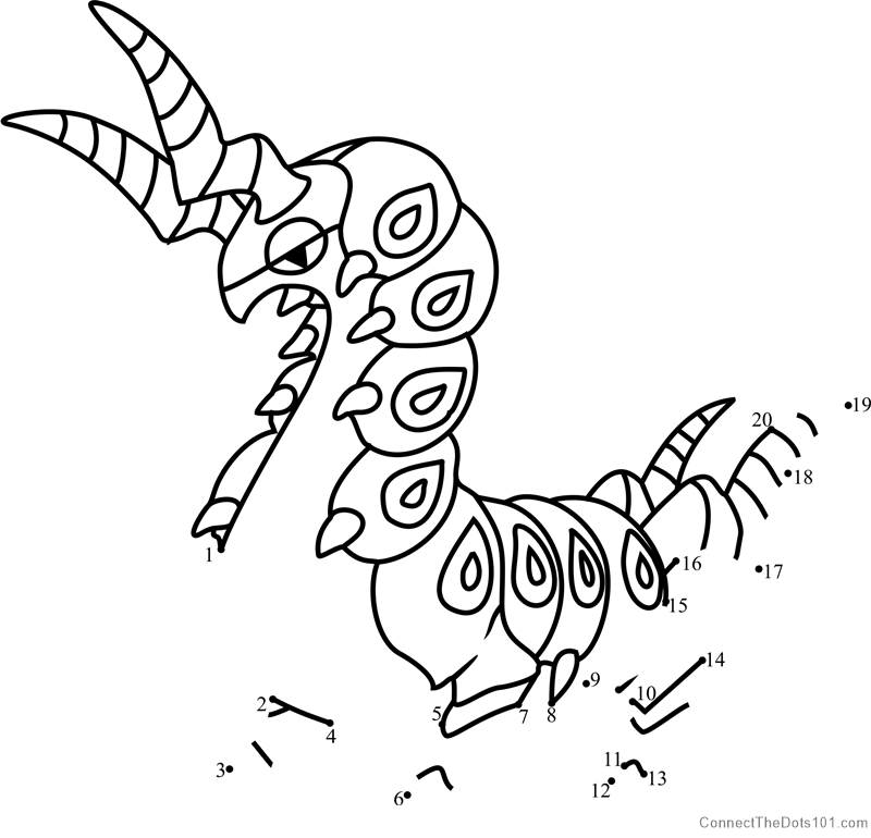 Pokemon Scolipede dot to dot printable worksheet - Connect The Dots